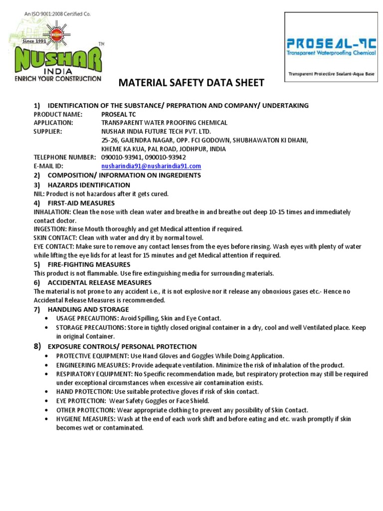 Material Safety Data Sheet: Proseal TC | PDF | Personal Protective ...