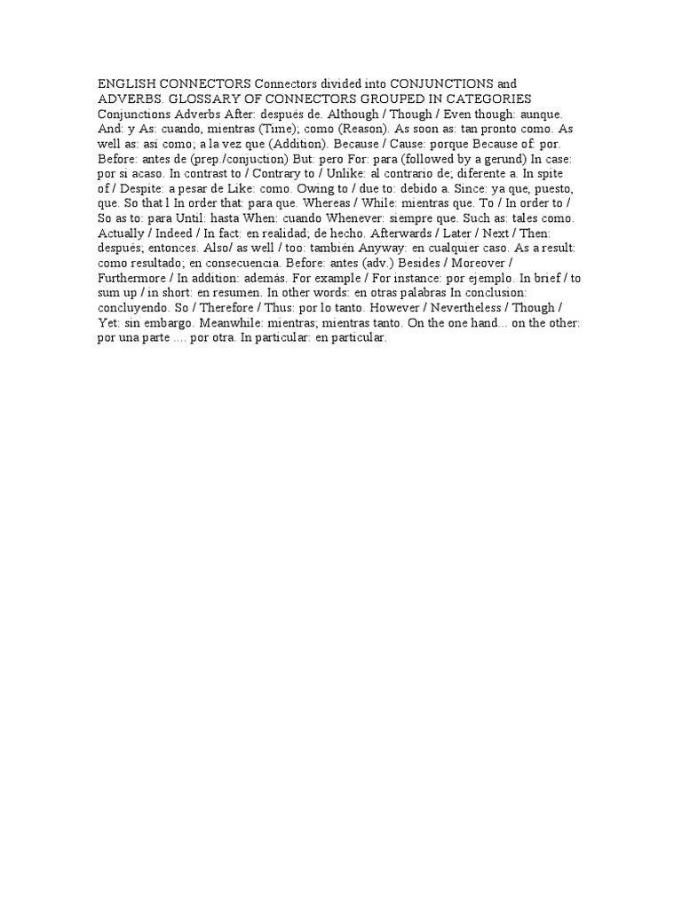 ENGLISH CONNECTORS Connectors Divided Into CONJUNCTIONS and ADVERBS | PDF ENGLISH CONNECTORS Connectors Divided Into CONJUNCTIONS and ADVERBS | PDF