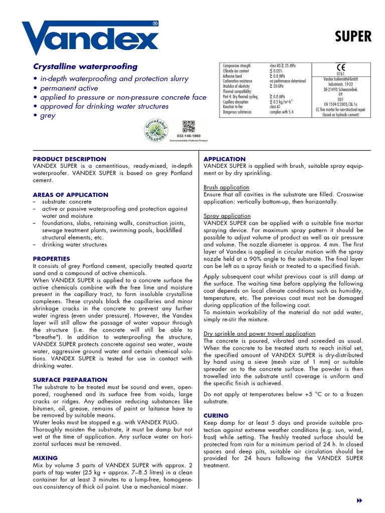 Vandex Super TDS PDF | PDF | Concrete | Paint
