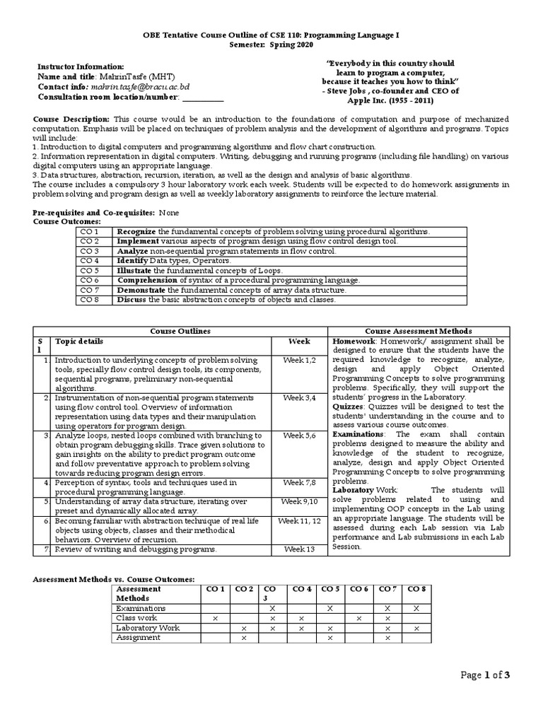 Course Outline Cse110 - MHT | PDF | Control Flow | Computer Programming