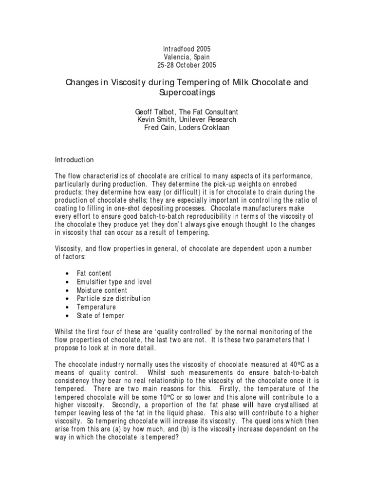 Changes in Viscosity During Tempering of Milk Chocolate and ...