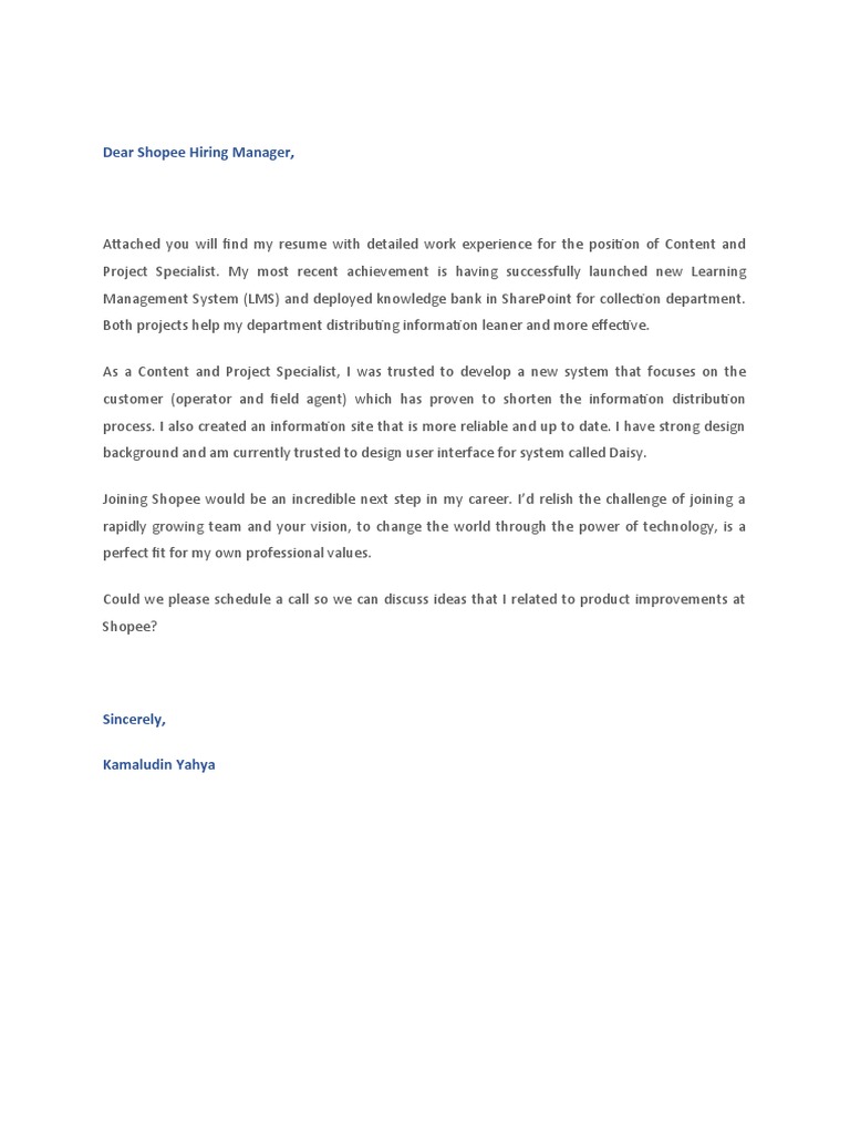 Shopee Cover Letter | PDF