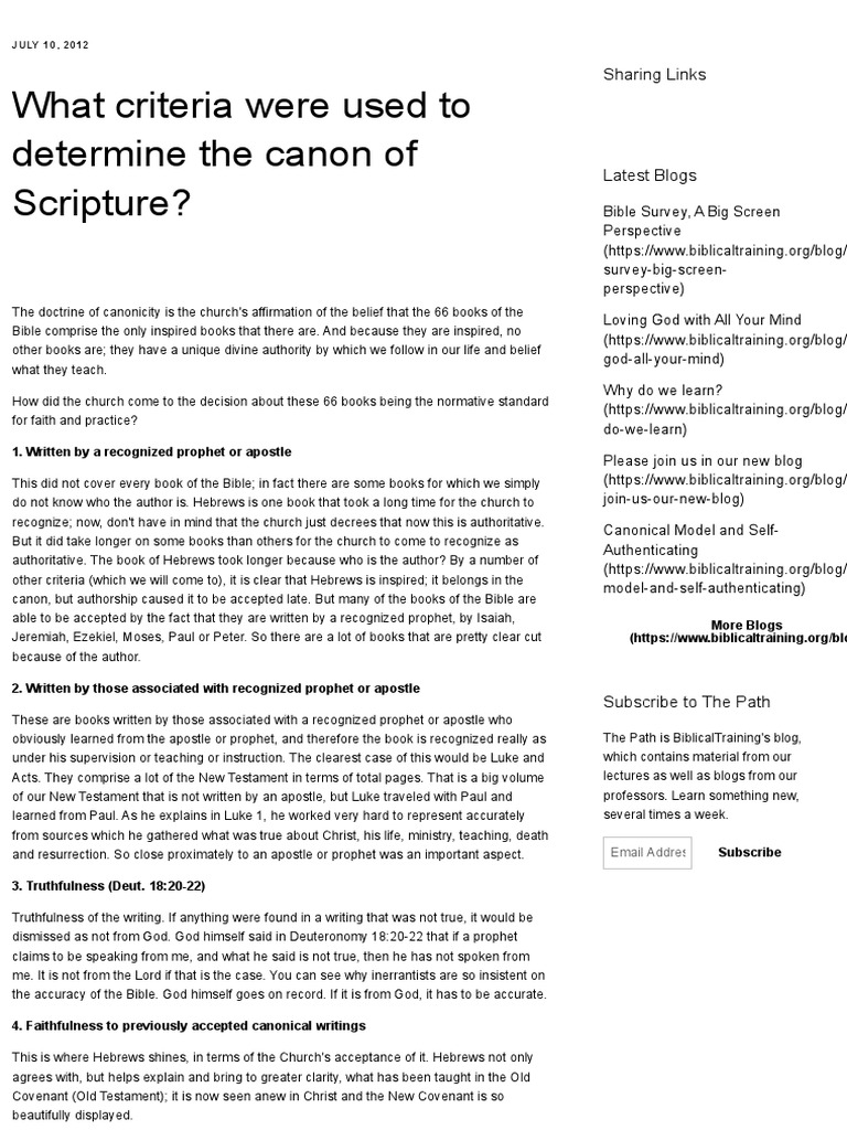 Criteria for Biblical Canonization | PDF | Biblical Canon | Bible