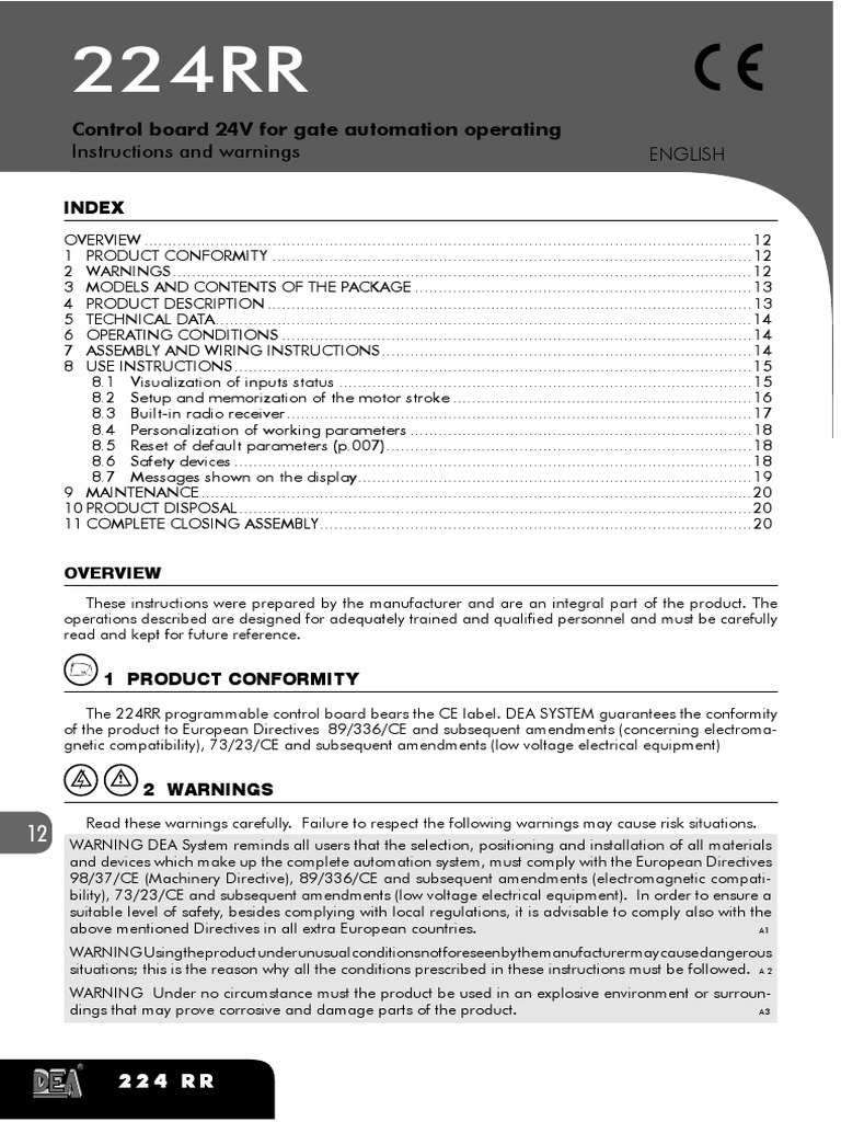 Instructions and Warnings English: Control Board 24V For Gate Automation Operating | PDF | Power ...
