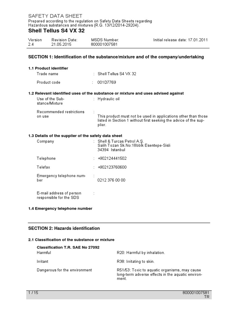 Shell Tellus S4 VX 32: Safety Data Sheet | PDF | Toxicity | Personal ...