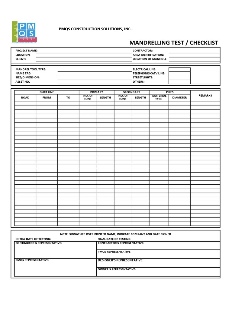 Mandrelling Test / Checklist: Pmqs Construction Solutions, Inc | PDF