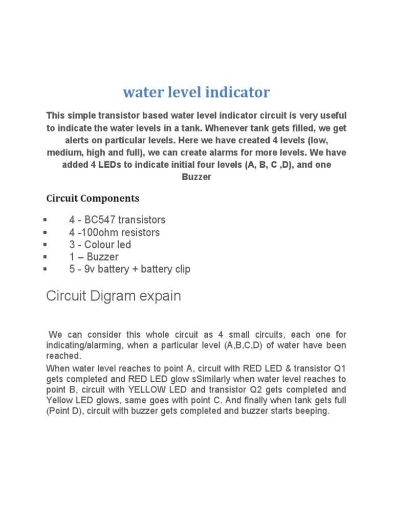 Transistor-Based Water Level Indicator | PDF | Bipolar Junction ...