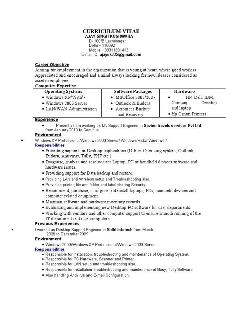 A Concise Curriculum Vitae for an Experienced IT Support Engineer ...