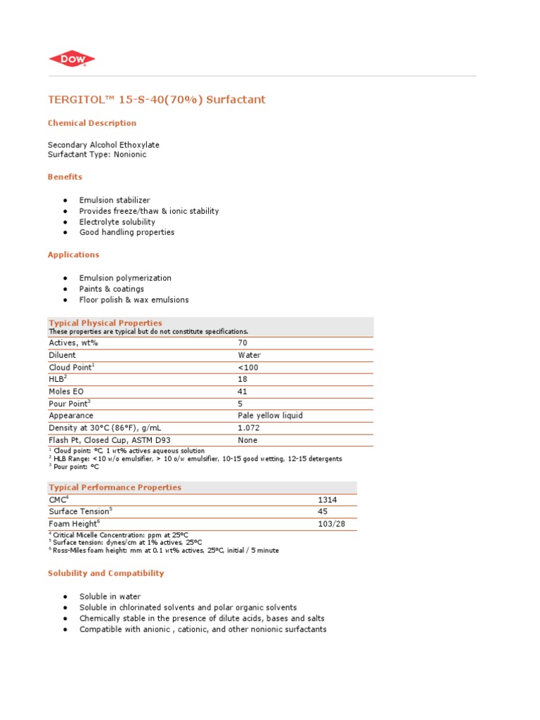 Tergitol - 15 S 40 70 | PDF | Emulsion | Surfactant