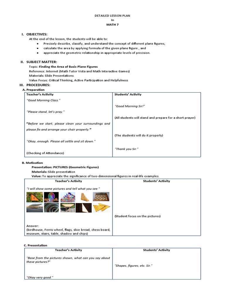 Lesson Plan 7 - Area of Plane Figures | PDF | Area | Space