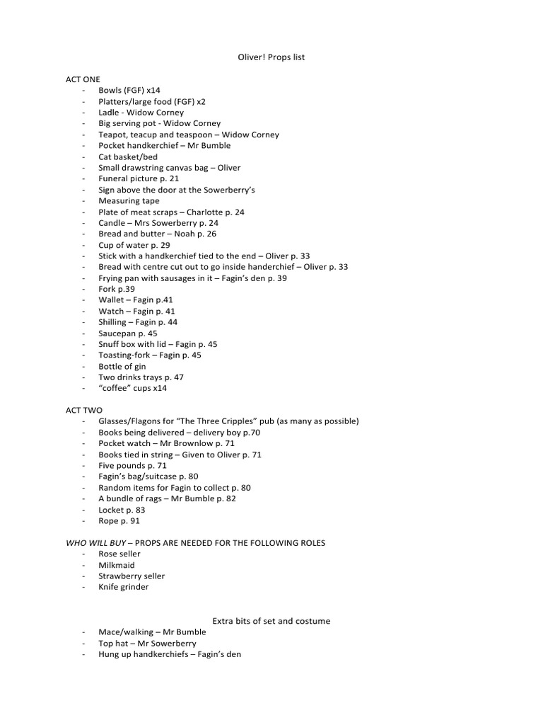 Oliver Props List | PDF