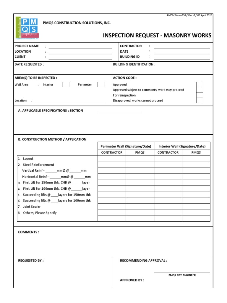 PMCM Form-056 Masonry Works Inspection Request | PDF | Technology ...