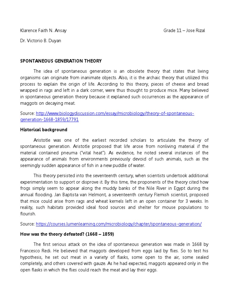 Spontaneous Generation Theory History | PDF | Louis Pasteur | Microorganism