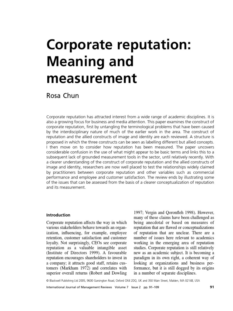 Corporate Reputation: Meaning and Measurement: Rosa Chun | PDF ...