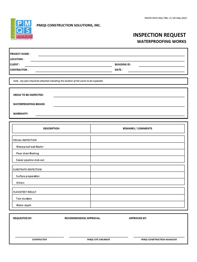 PMCM Form-024 Inspection Request Waterproofing Works | PDF