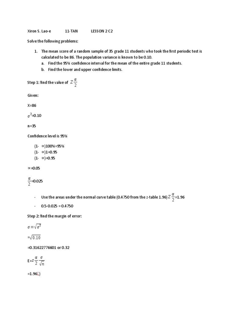 Math Lesson 2 C2 and Mini Task 2 | PDF | Confidence Interval | Normal ...