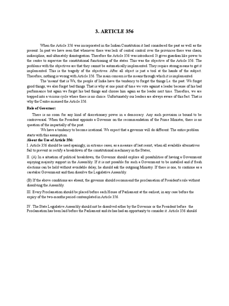 ARTICLE 356: Role of Governor | PDF | Political Charters | Public Law