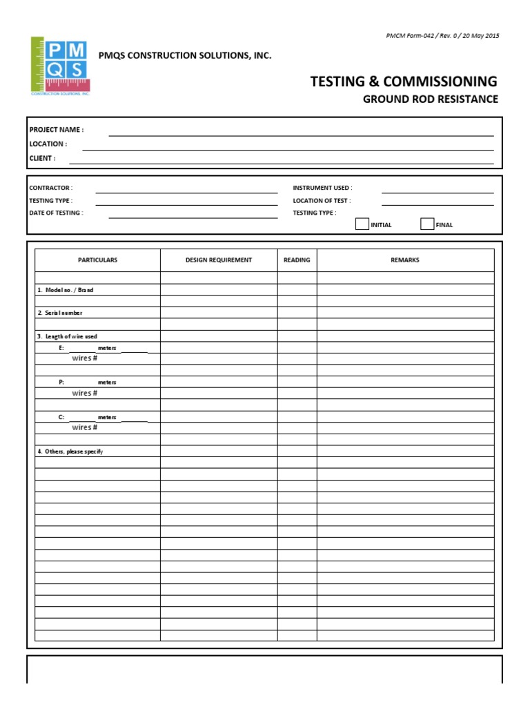 PMCM Form-042 Testing and Commissioning - Ground Rod Resistance | PDF ...