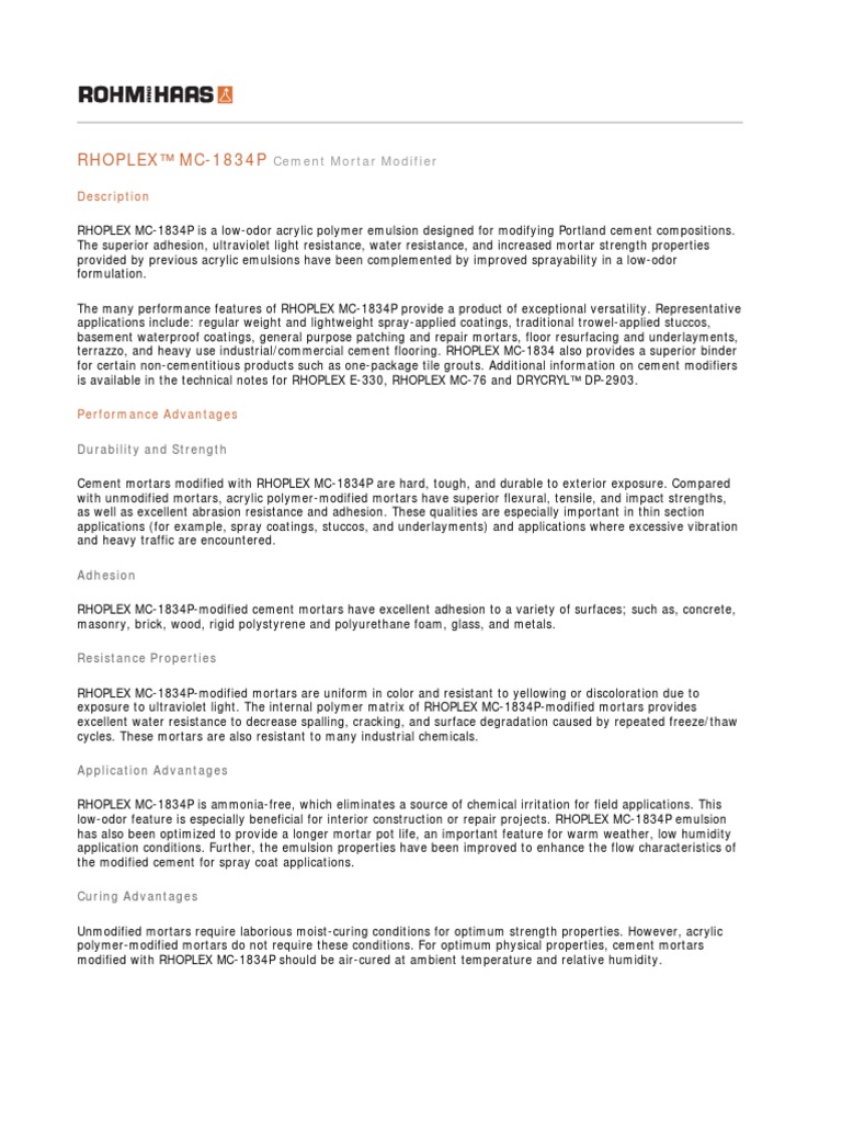 Rhoplex mc-1834p | PDF | Concrete | Mortar (Masonry)
