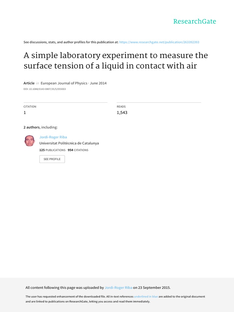 A Simple Laboratory Experiment To Measure The Surface Tension of A ...