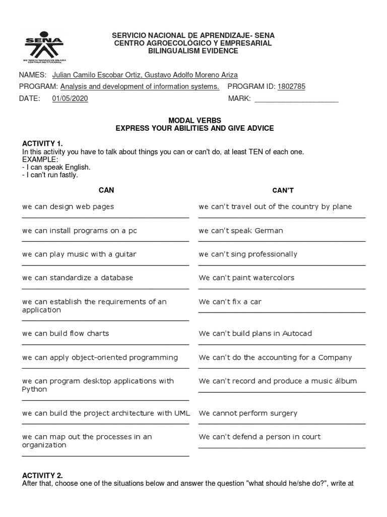 Modal Verbs Activity | PDF | Information Science | Communication