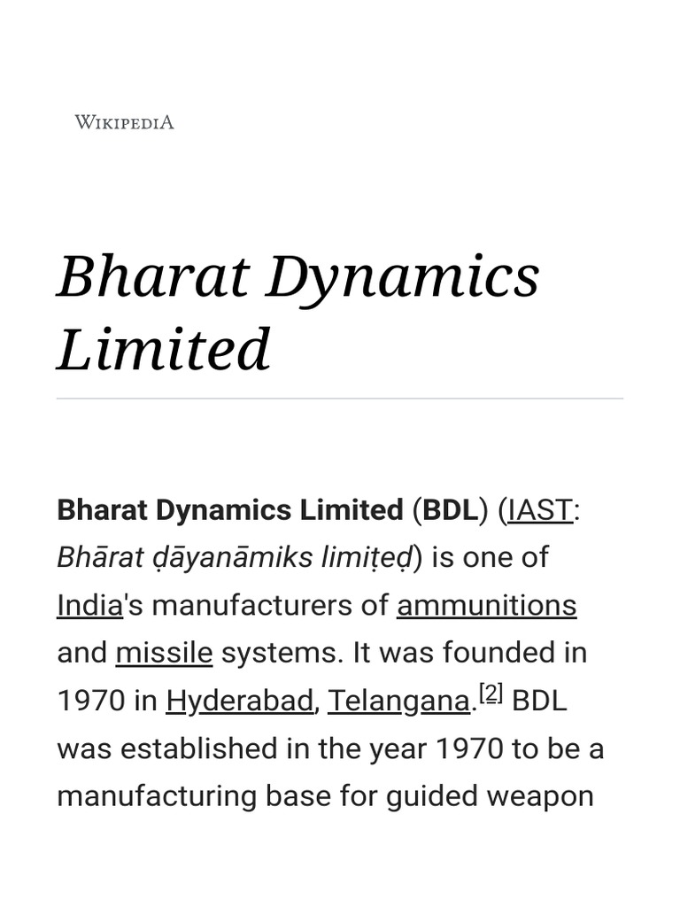 Bharat Dynamics Limited - Wikipedia | PDF | Military Technology ...