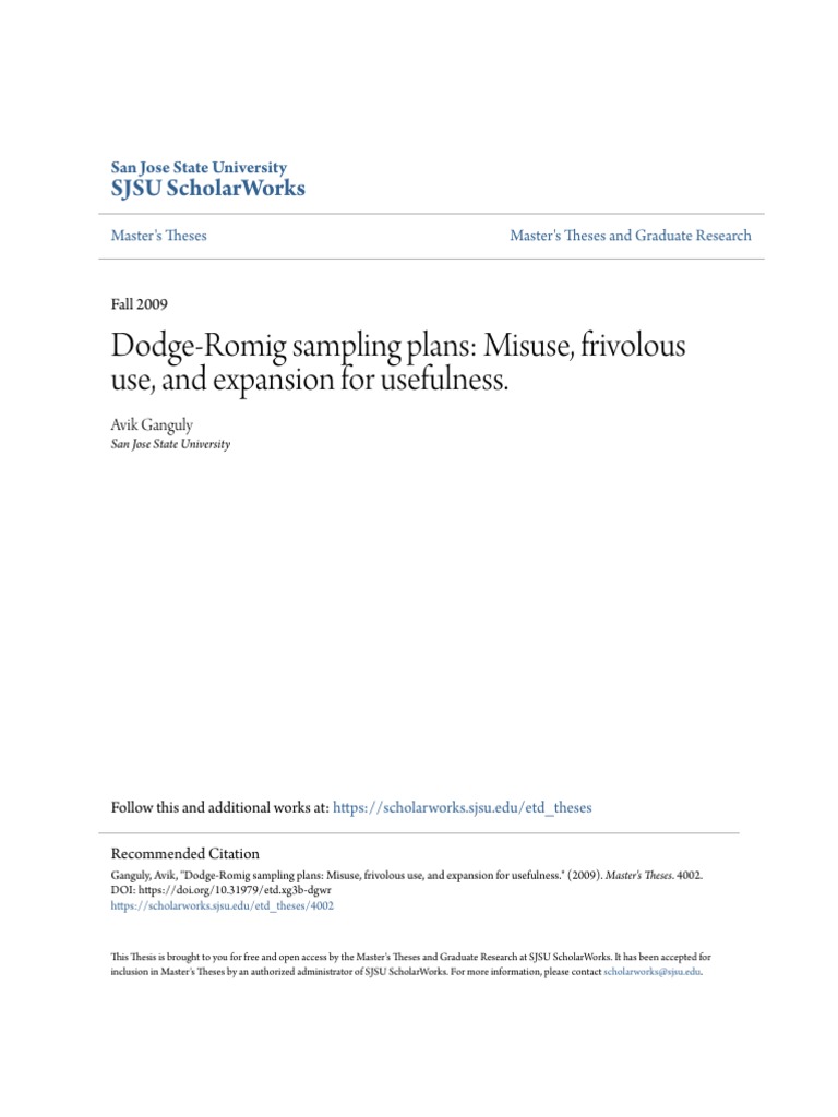 Dodge-Romig Sampling Plans - Misuse Frivolous Use and Expansion PDF | PDF | Sampling (Statistics ...