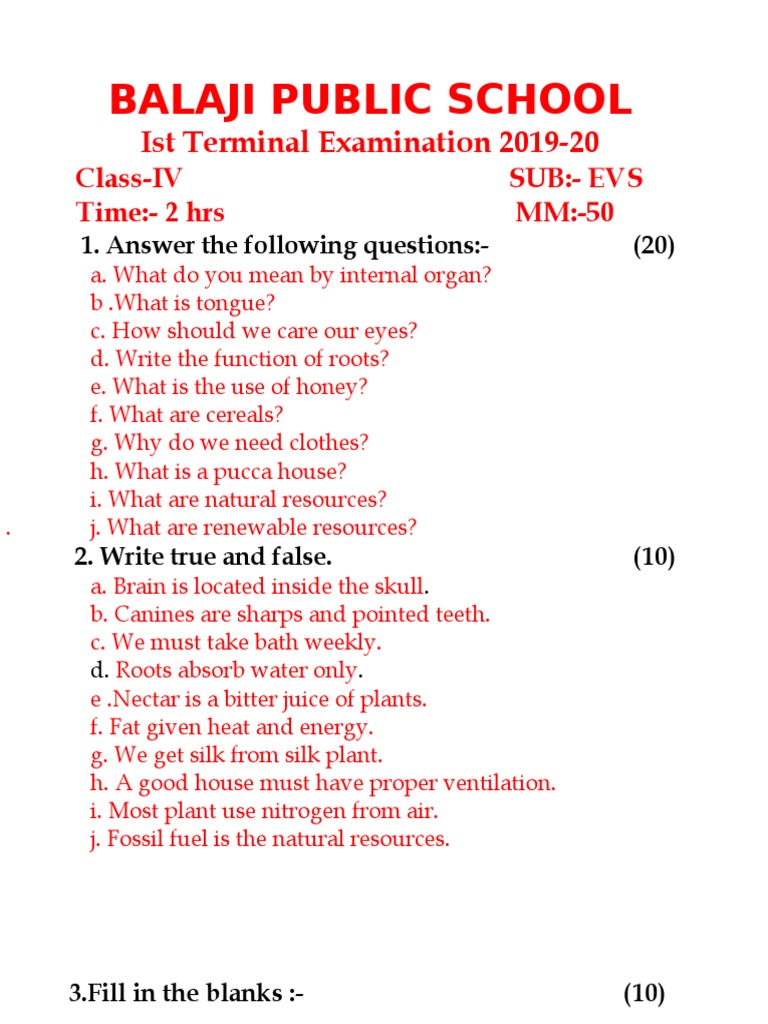 Class IV EVS Exam Questions 2019-20 | PDF
