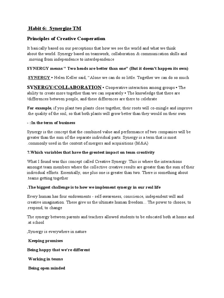Habit 6: Synergize TM Principles of Creative Cooperation | PDF ...