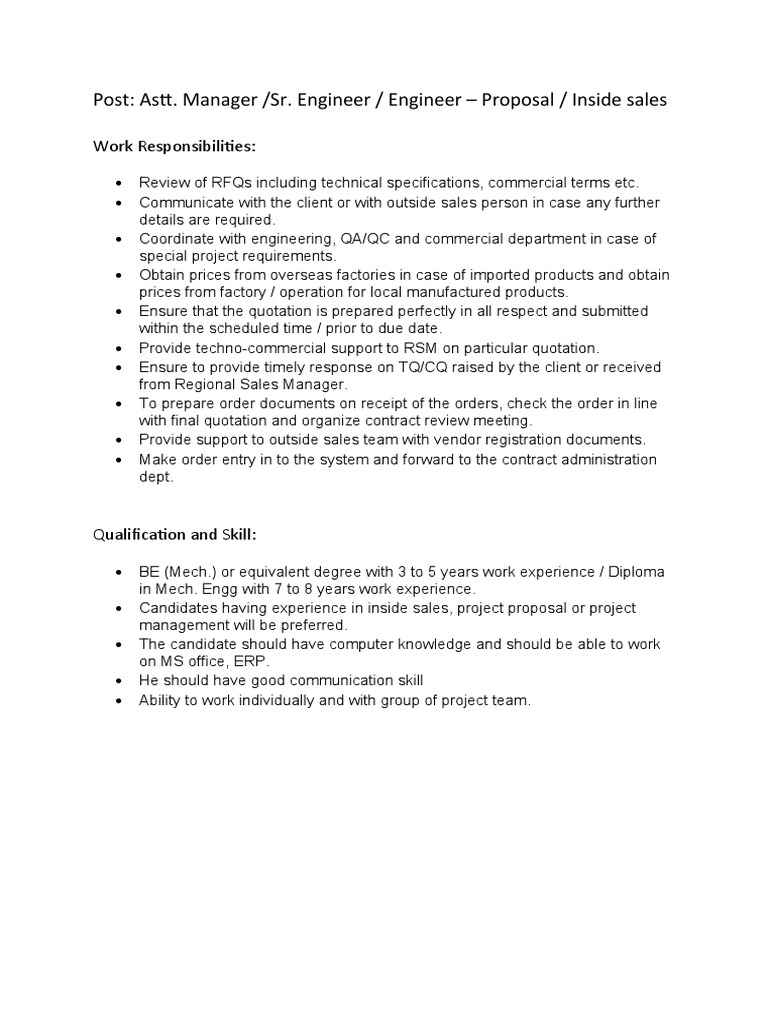 JD For Proposal Engineer | PDF