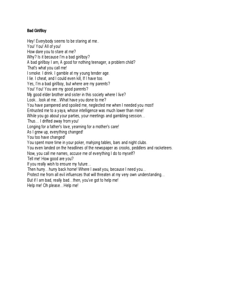 Dramatic Monologue Bad Girl or Boy | PDF