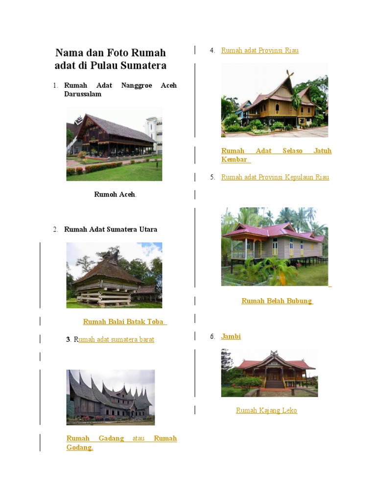 Nama Dan Foto Rumah Adat Di Pulau Sumatera | PDF