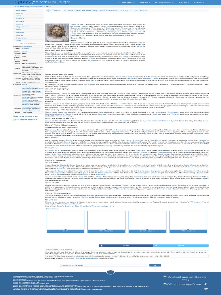 Zeus - Greek God of The Sky and Thunder, King of The Gods PDF | PDF ...
