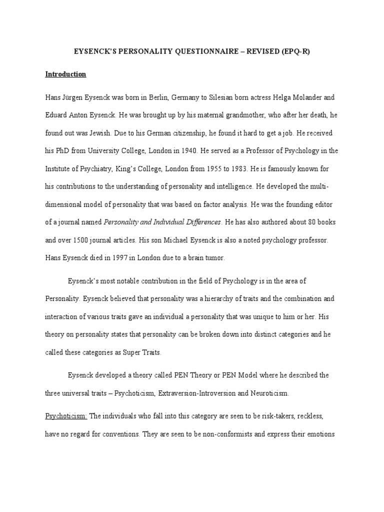 Eysenck'S Personality Questionnaire - Revised (Epq-R) | PDF ...