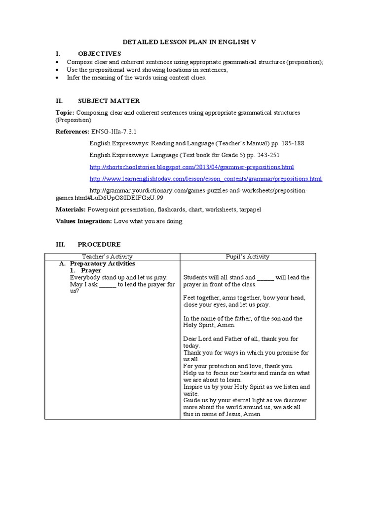 Preposition Detailed Lesson Plan fINAL | Download Free PDF | Prayer ...