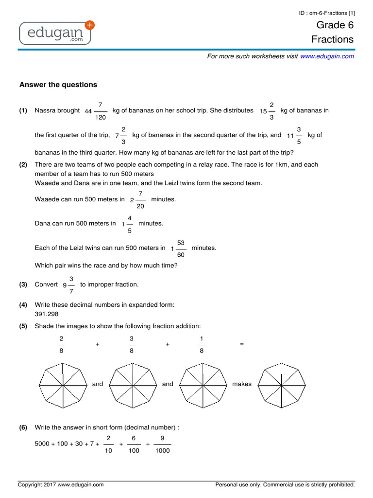 Grade 6 Fractions Om PDF | PDF | Fraction (Mathematics) | Teaching ...