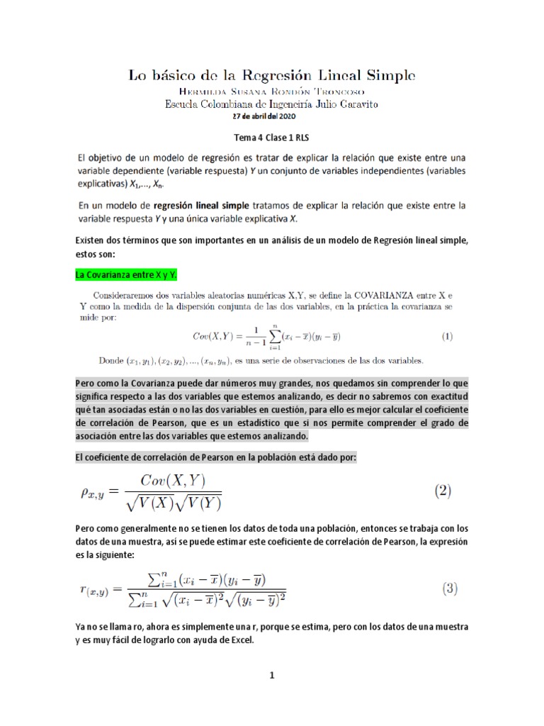Tema 4 Clase 1 Fin de Lo B Sico de La Regresi N Lineal Simple Rls PDF | PDF | Análisis de ...
