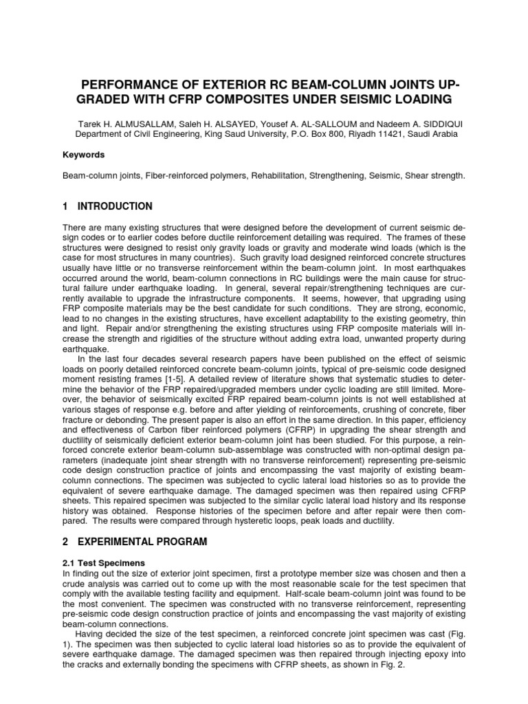 Performance of Exterior RC Beam-Column Joints Upgraded With CFRPs Under Seismic Loading | PDF