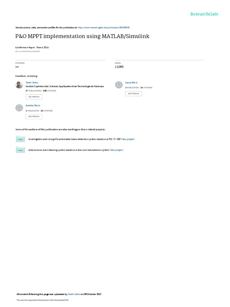 P&O MPPT Implementation Using MATLAB/Simulink: March 2014 | PDF | Photovoltaics | Electrical ...