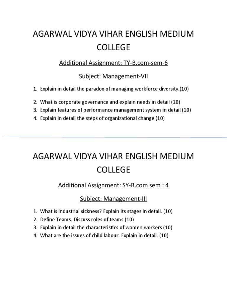 Agarwal Vidya Vihar English Medium College: Subject: Management-VII | PDF