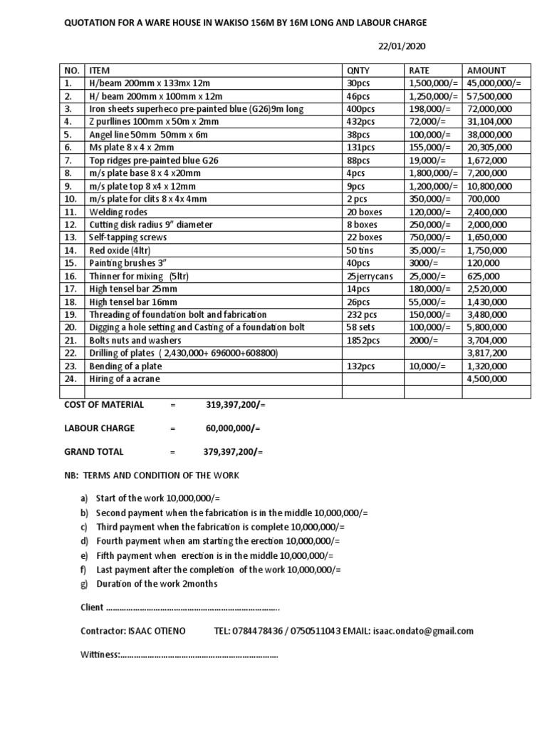Quotation For A Ware House in Wakiso 156M by 16M Long and Labour Charge ...