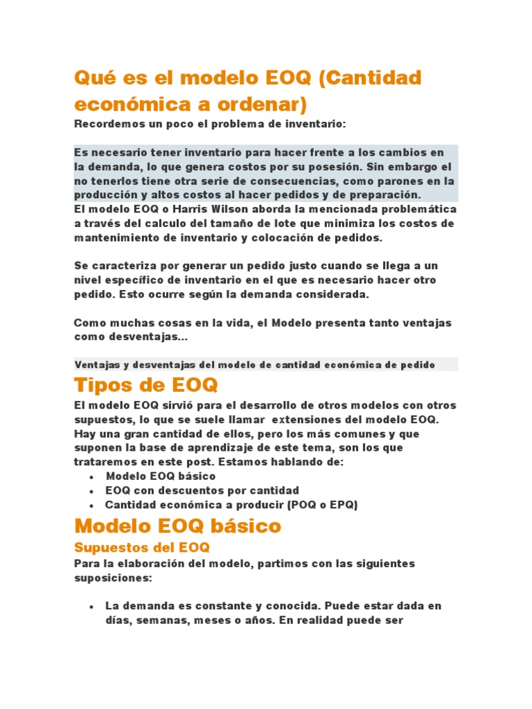 Introducción al Modelo EOQ | PDF | Inventario | Economias