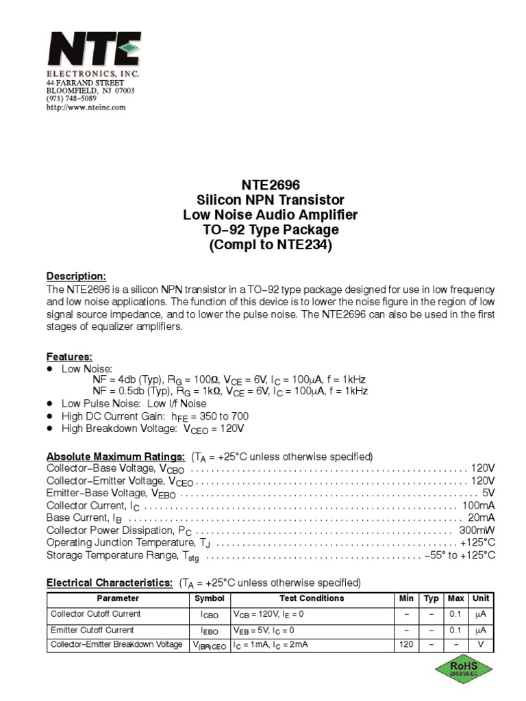 NTE2696 Silicon NPN Transistor Low Noise Audio Amplifier TO 92 Type Package (Compl To NTE234 ...