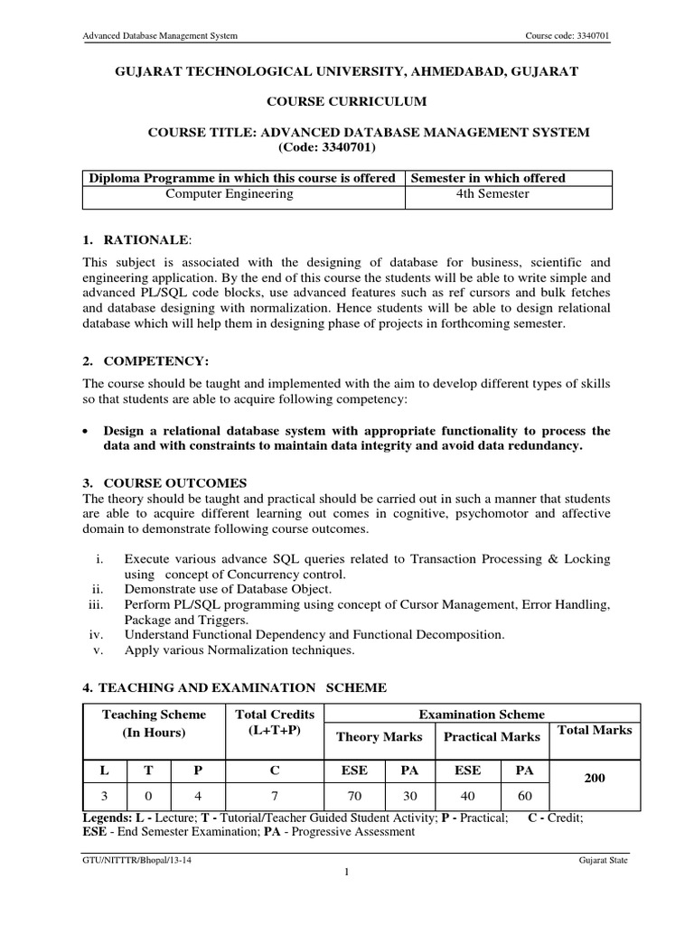 Advanced Database Management System Course Code: 3340701 | PDF | Pl/Sql | Databases