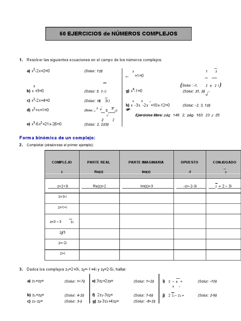 60 Ejercicios de Números Complejos | PDF | Número complejo | Multiplicación