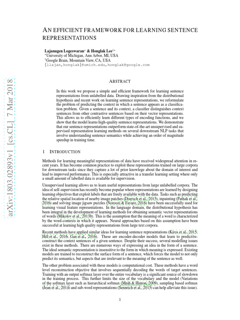 N Efficient Framework For Learning Sentence Representations | PDF ...
