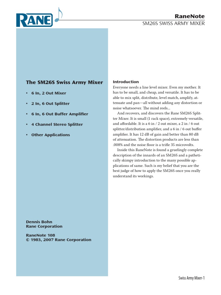 RaneNote 108 SM26S Swiss Army Mixer PDF | PDF | Amplifier | Recording