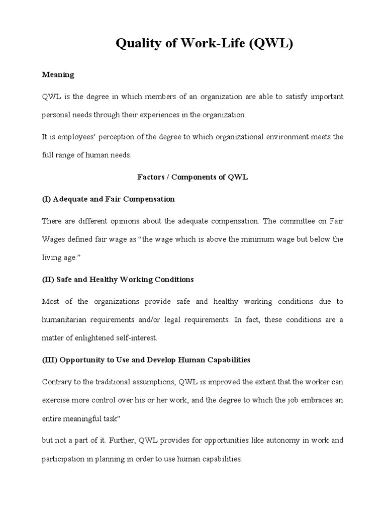 Enhancing Quality of Work Life (QWL) | PDF | Employment | Salary