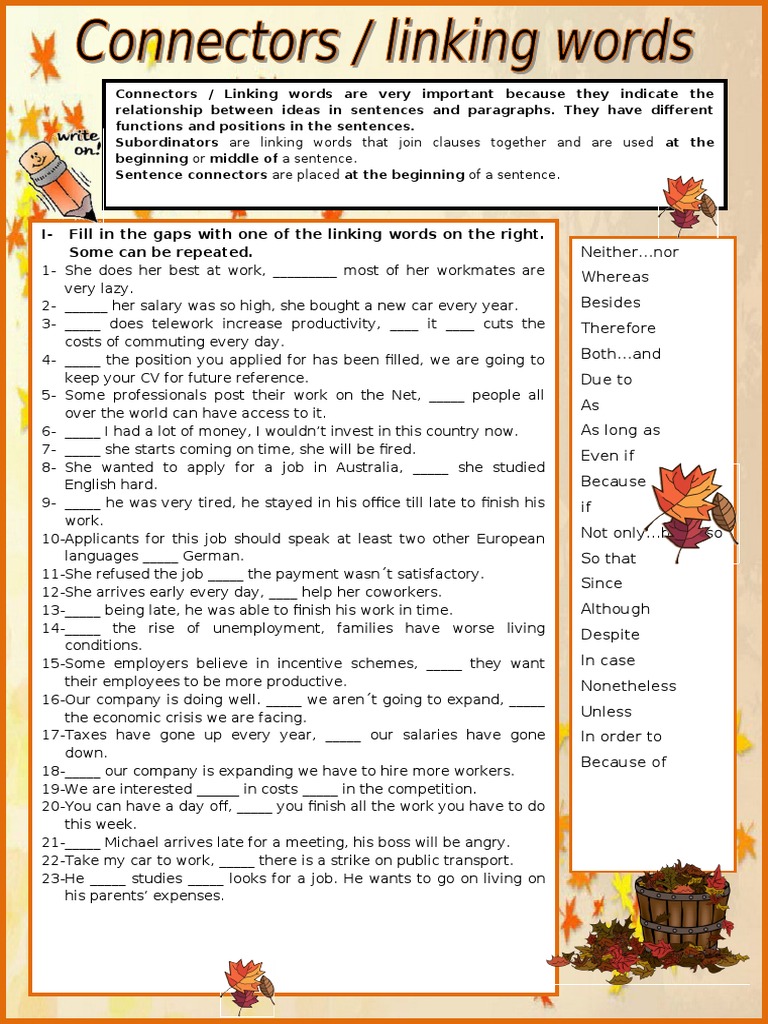 I-Fill in The Gaps With One of The Linking Words On The Right. Some Can ...