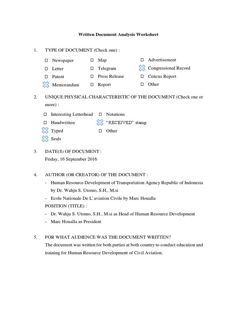 Written Document Analysis Worksheet | PDF | Memorandum Of Understanding | Government Information